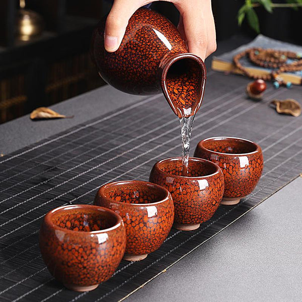 Orange Glazed Sake Set – Handmade Tenmoku Tea Cup with Oil-Spot ...